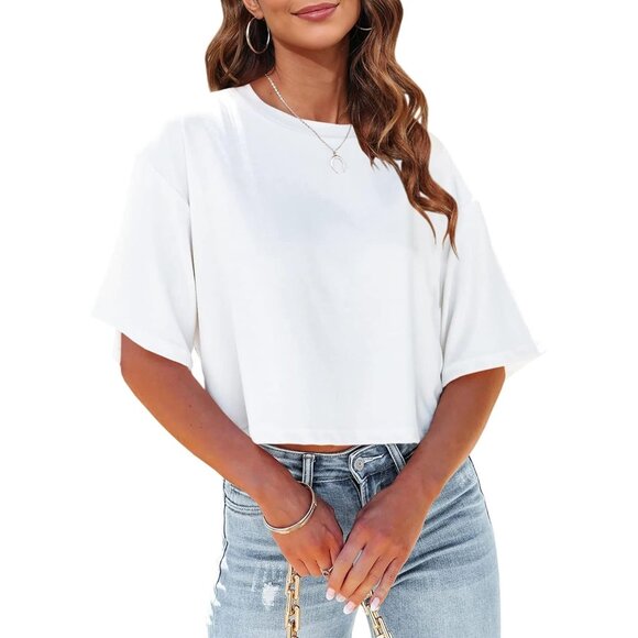 Tops | Women Half Sleeve Cropped Tshirts Drop Shoulder Round Neck Crop ...